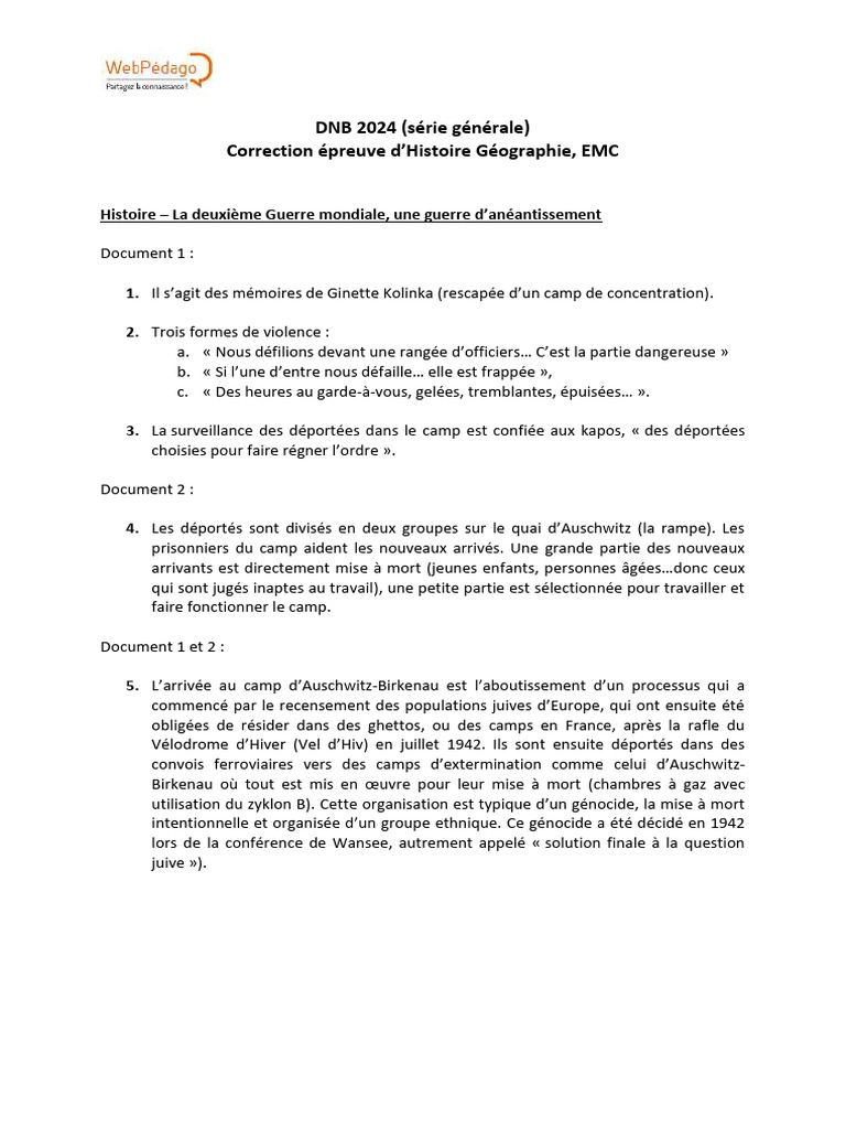 Correction Brevet Histoire Geo EMC | PDF | Camp de concentration d'Auschwitz | Camp d'extermination