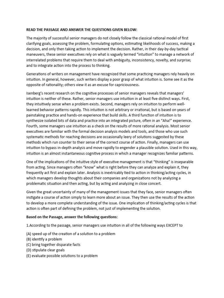 Comprehension Passage For Practice Xii | PDF | Intuition | Analysis