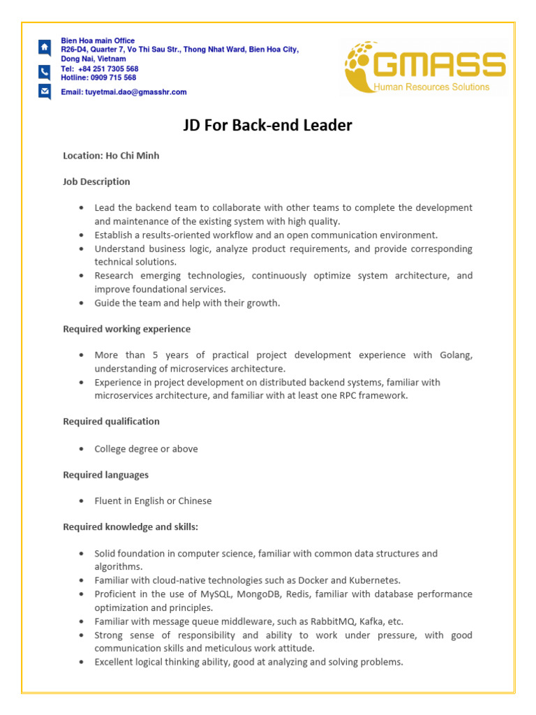 GMASSHR - JD For Backend Leader | PDF | Computers