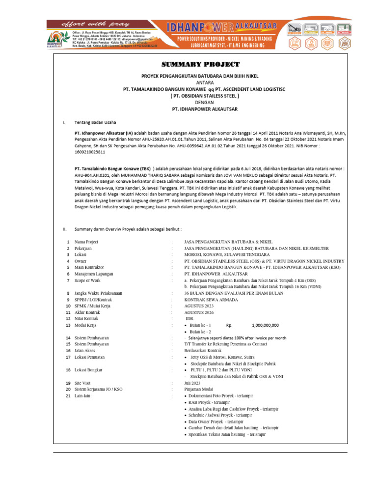 Summary Project Hauling Coal & Ore - IA-OSS-TBK - 24-07-23 - To Cahyadi | PDF