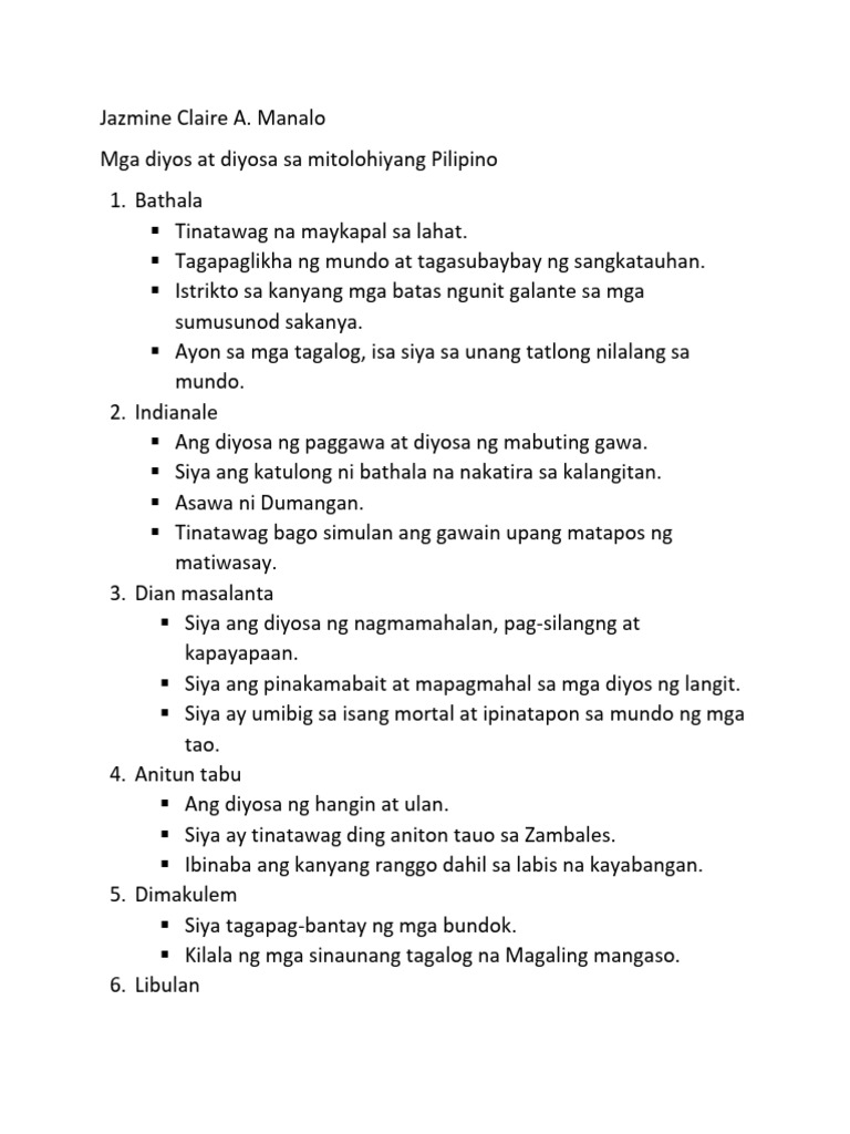Mga Diyos at Diyosa Sa Mitolohiyang Pilipino | PDF