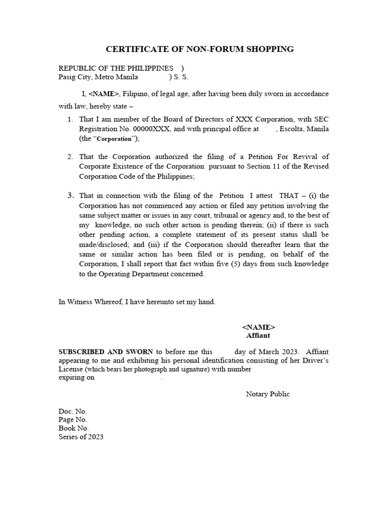 NonForumShopping Certificate SEC Revival Petition Blank | PDF | Law ...