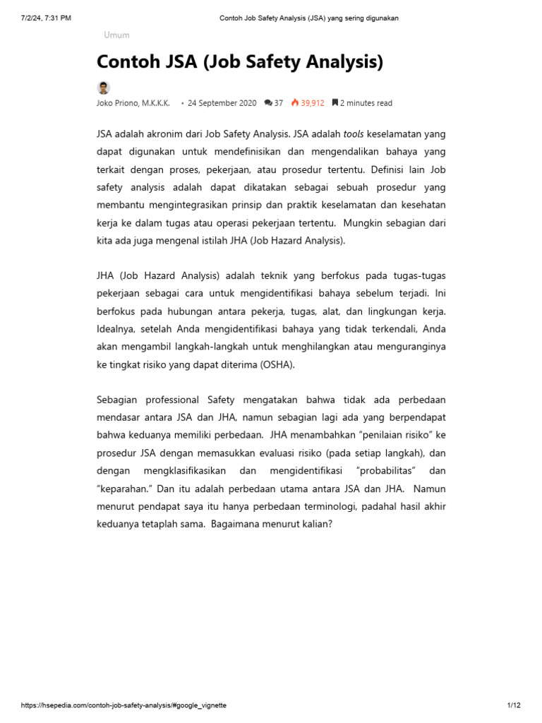 Contoh Job Safety Analysis (JSA) Efektif | PDF