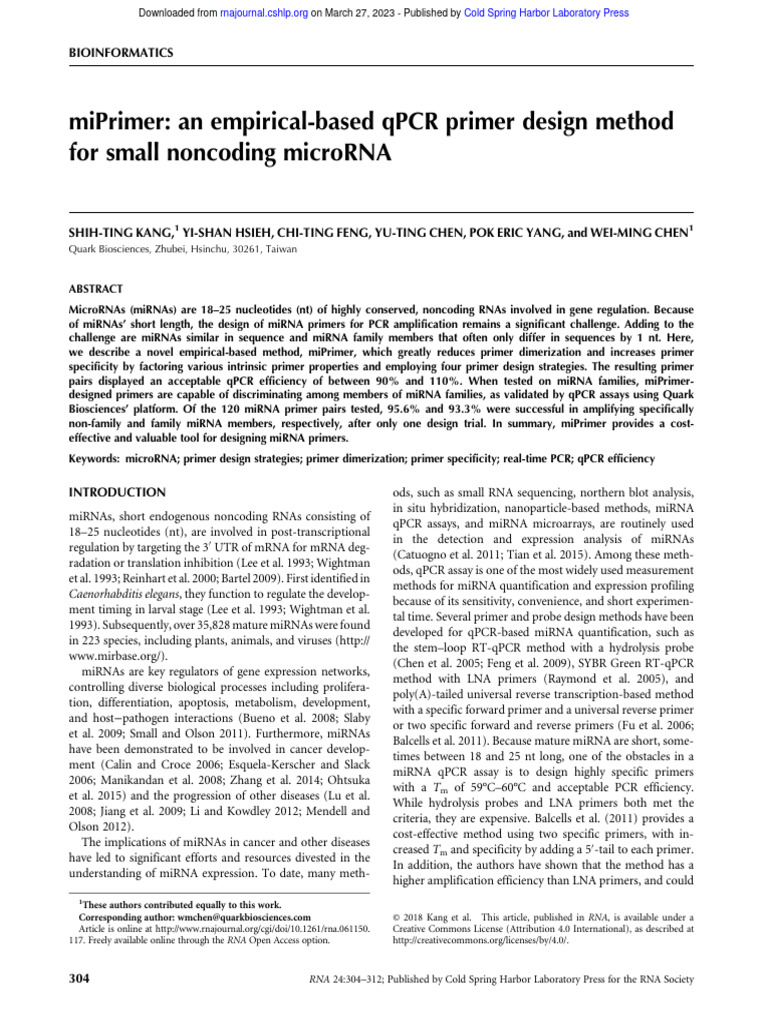 Miprimer An Empirical-Based QPCR Primer Design Method For Small ...