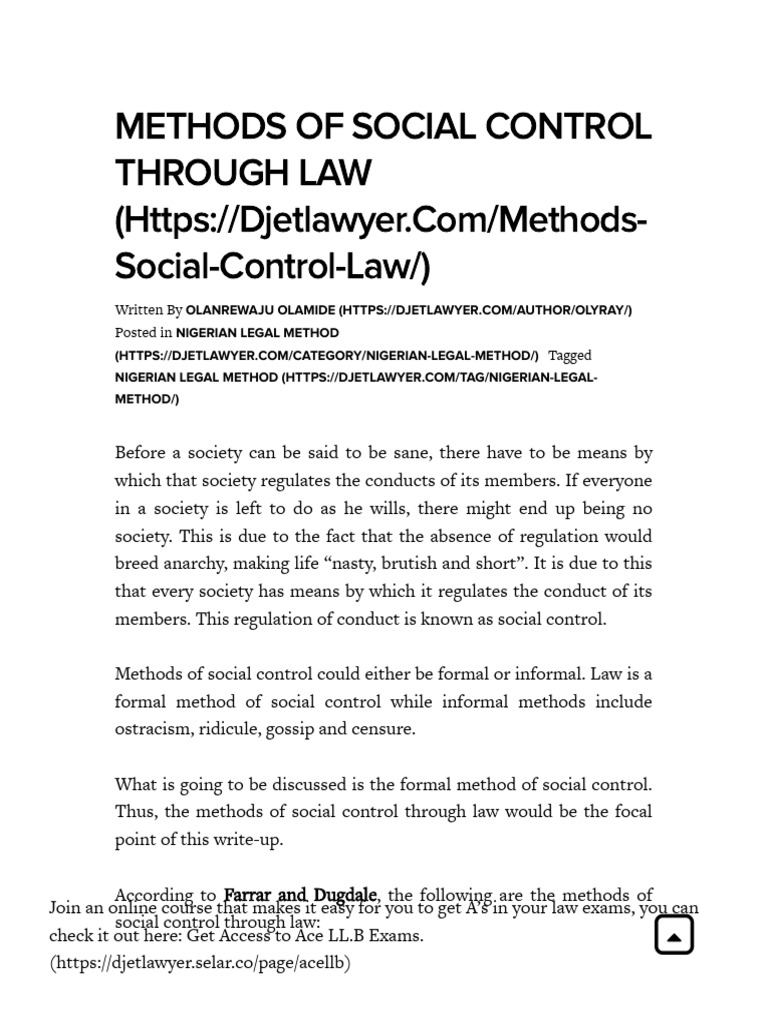 METHODS OF SOCIAL CONTROL THROUGH LAW - The Jet Lawyer | PDF | Crimes ...