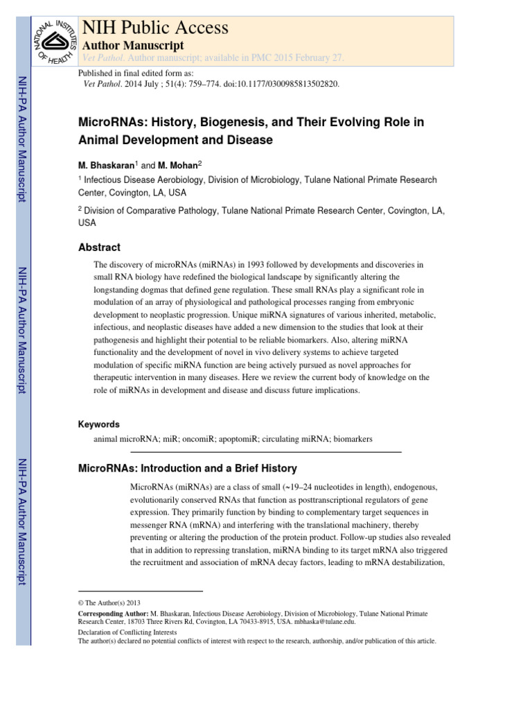 MicroRNAs History Biogenesis and Their Evolving Role in | PDF | Micro ...