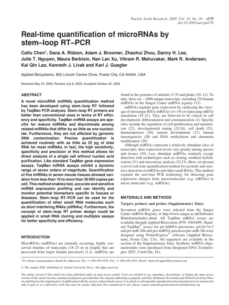 Real-Time Quantification of microRNAs by Stem Loop RT PCR | PDF | Micro Rna | Gene Expression