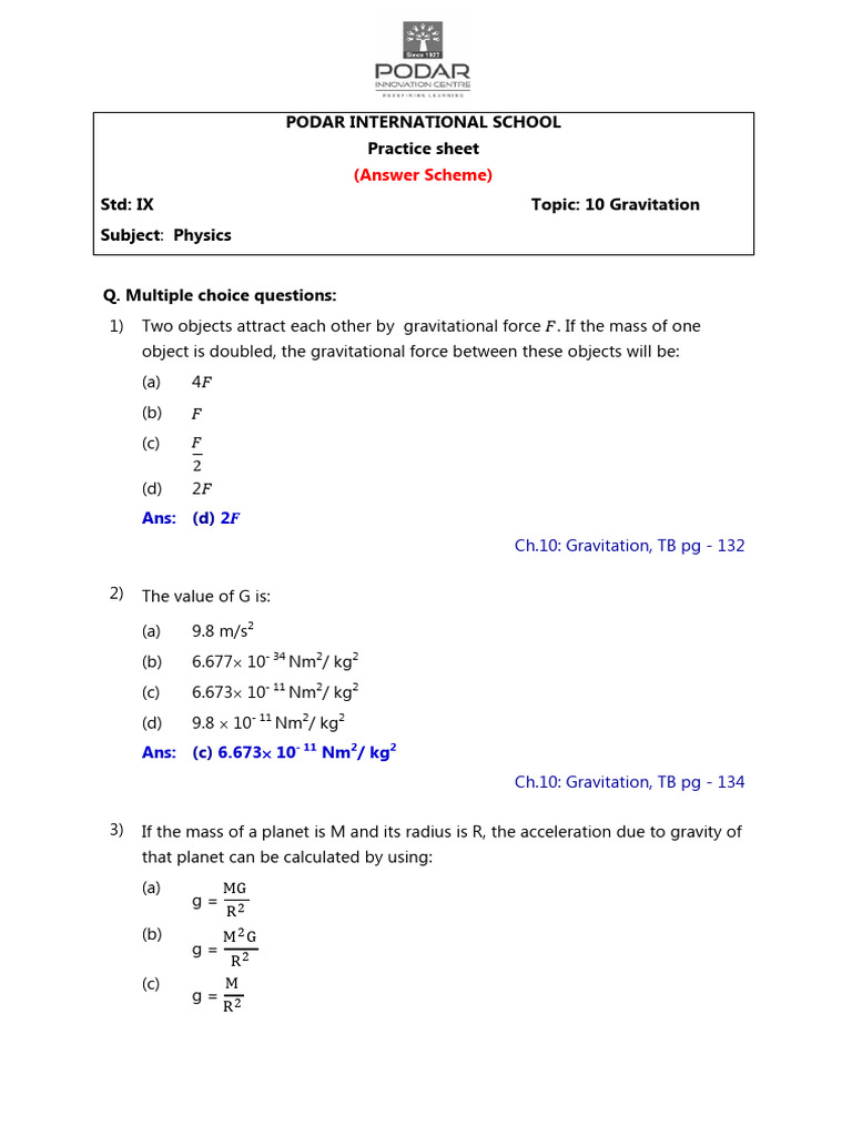 MCQ - AS - CB IX - Phy - Gravitation | PDF | Mass | Density
