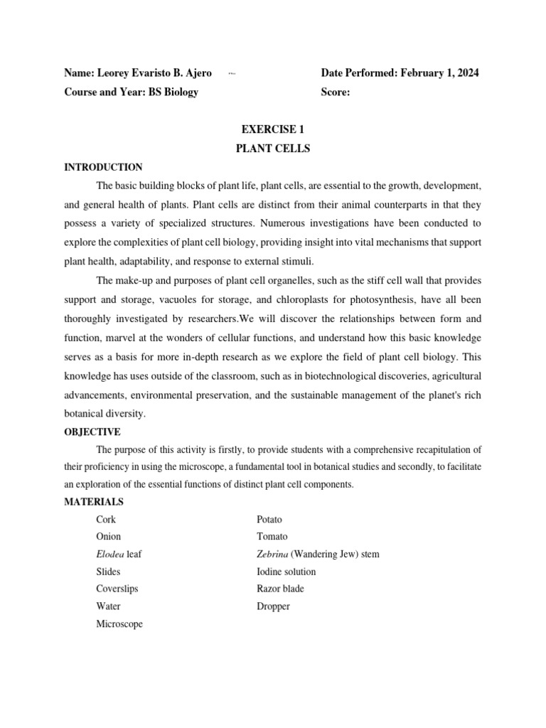 Exercise 1 - Plant Cells Lab Report - Leorey Ajero | PDF | Chloroplast ...