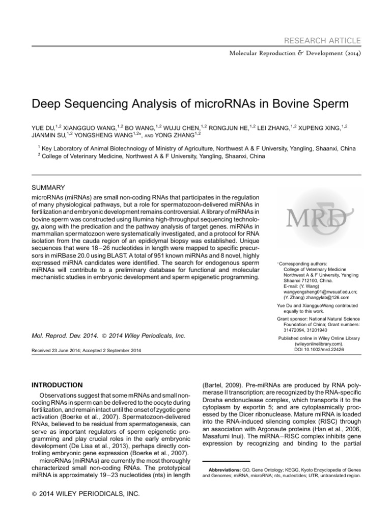 Deep Sequencing Analysis of MicroRNAs in Bovine Sperm | PDF | Micro Rna | Messenger Rna
