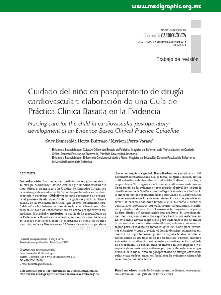 Cuidado Del Nin o en Posoperatorio de Cirugia Cardiovascular ...