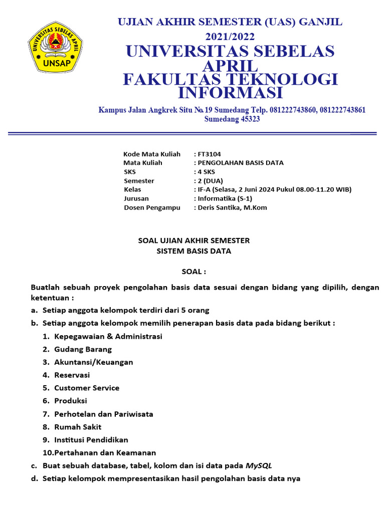 SOAL UAS SISTEM BASIS DATA Semester 2 2024 | PDF