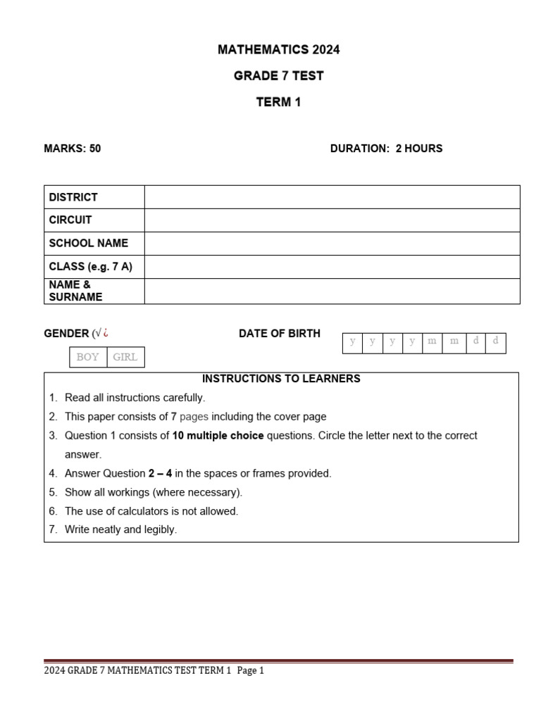 Grade 7 Term 1 Math Test 2024 | PDF | Numbers | Percentage