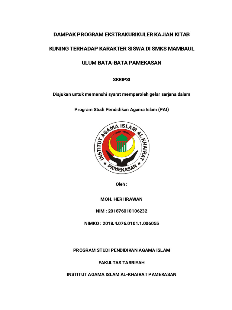 Dampak Program Ekstrakurikuler Kajian Kitab Kuning Terhadap Karakter Siswa Di Smks Mambaul Ulum ...