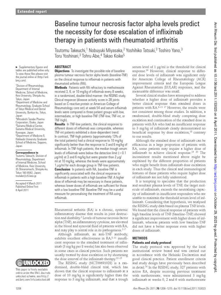 Baseline Tumour Necrosis Factor Alpha Levels Predict | PDF | C Reactive Protein | Rheumatoid ...