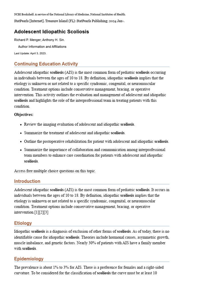 Adolescent Idiopathic Scoliosis - StatPearls - NCBI Bookshelf | PDF ...