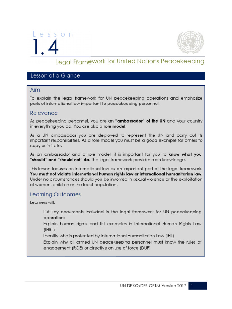 Level I... Lesson 1.4 Legal Framework of United Nations Peacekeeping ...