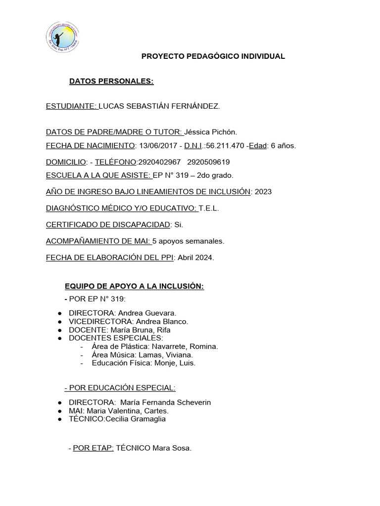 Proyecto Pedagógico Individual | PDF | Plan de estudios | Inclusión (Educación)