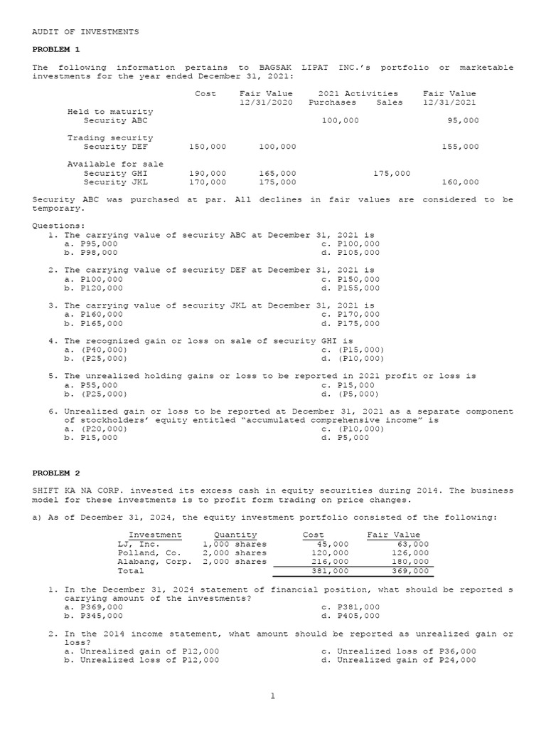 Audit of Investments Exercises | PDF | Book Value | Debt