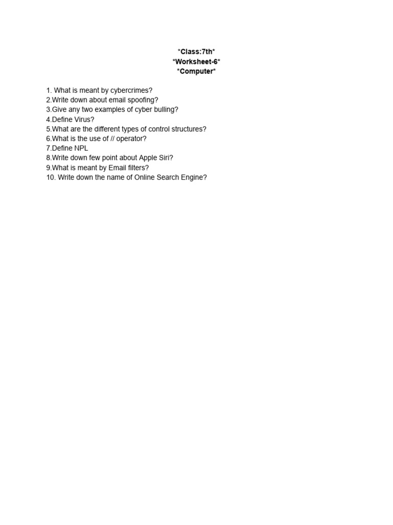 7th Grade Computer Worksheet on Cyber Topics | PDF