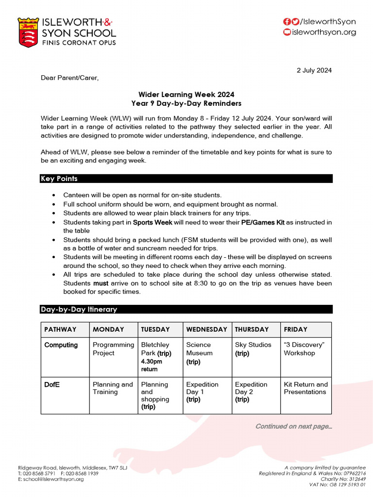 2024-07-02 WLW 2024 - Year 9 Reminders | PDF