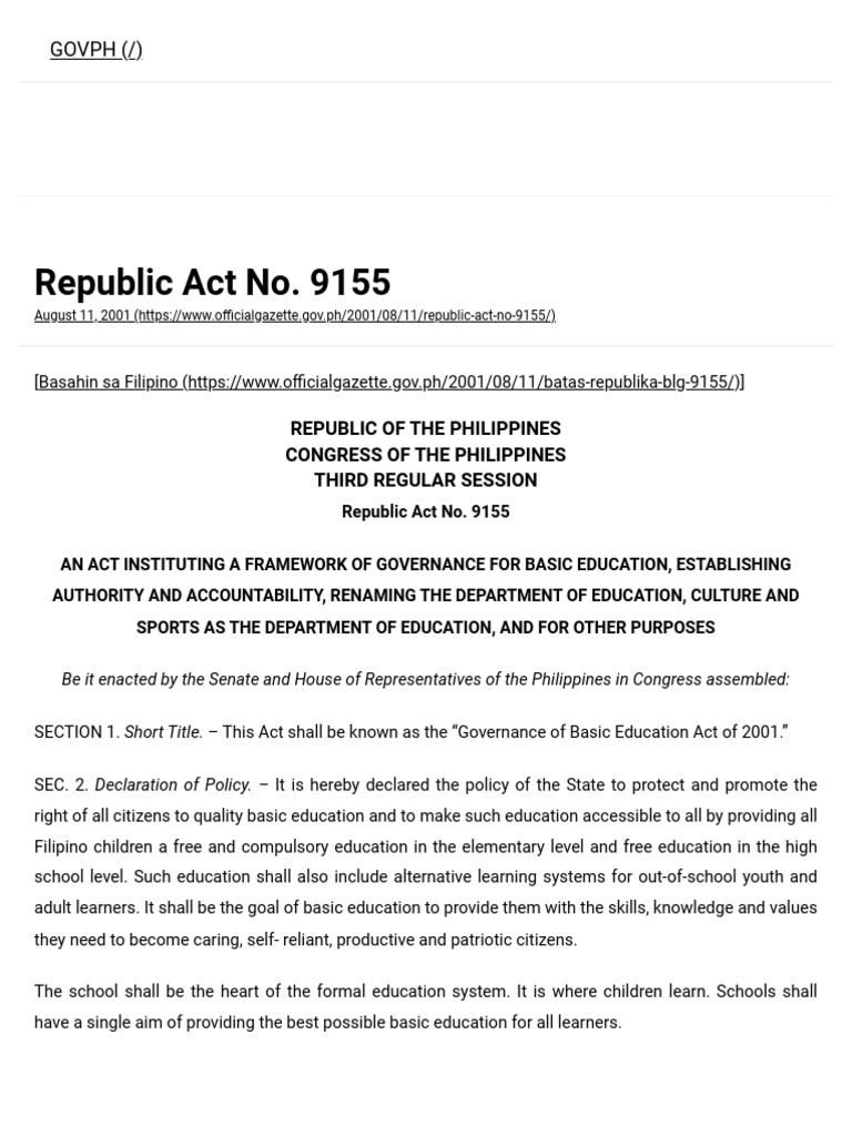 11 Ra 9155 Governance of Basic Educ Act 2001 | PDF | Learning | Governance