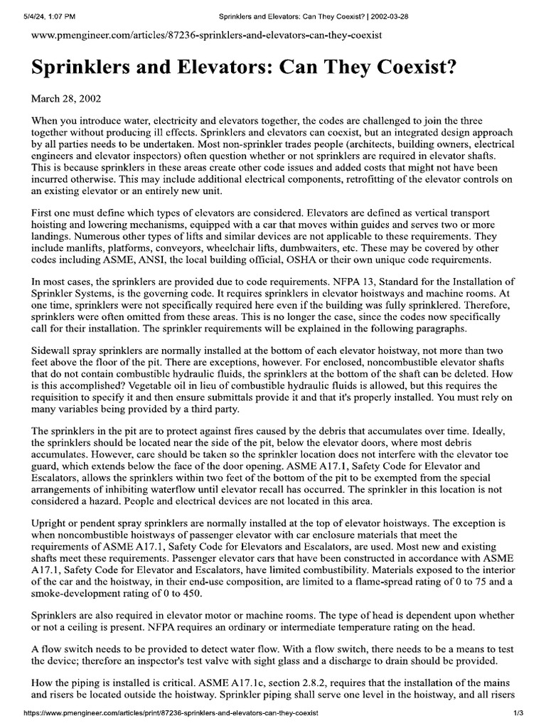 Sprinkler Selection For Elevators | PDF