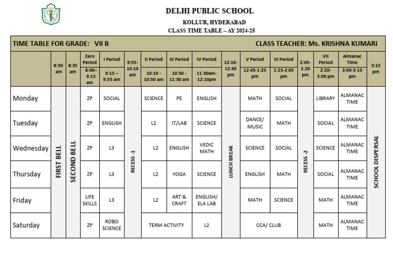 Grade - 7B - Time Table - AY 2024-25 | PDF