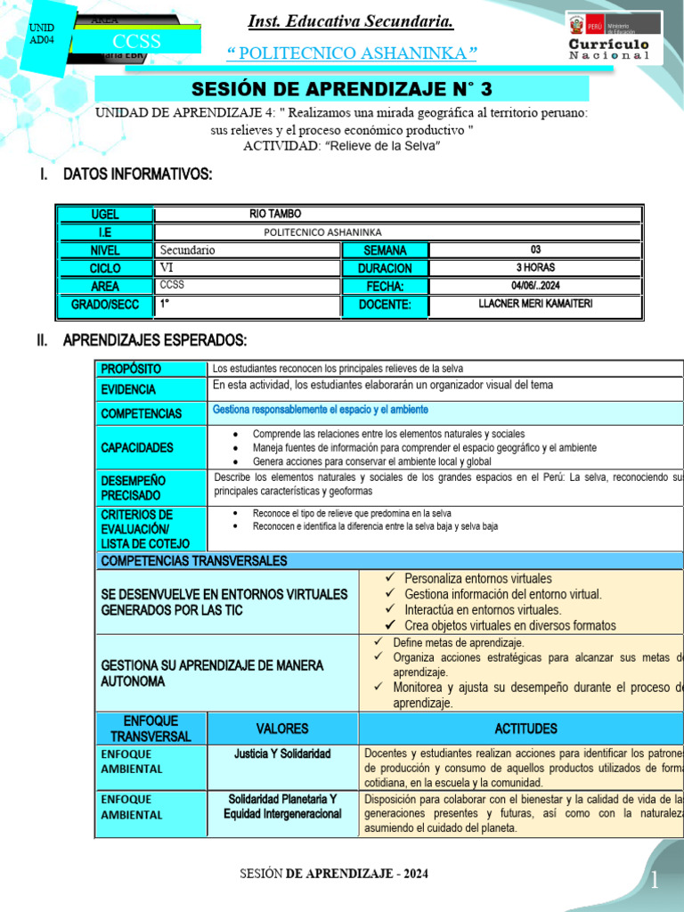 Sesion CCSS 1° Sec-Semana 03 | PDF | Aprendizaje | Evaluación