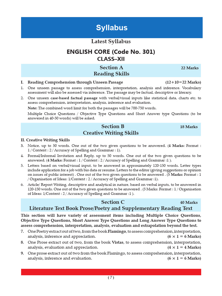 English Core XII Syllabus | PDF | Reading Comprehension | Cognitive Science