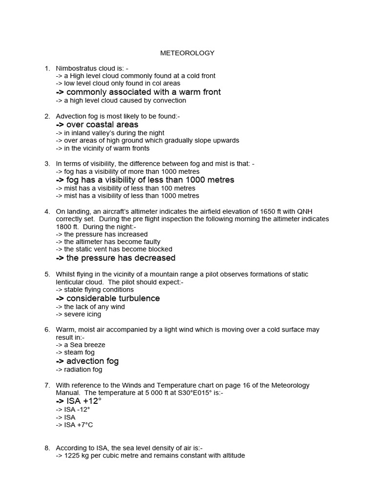 CAA PPL Examination - METEROLOGY Solved | PDF | Cloud | Atmosphere Of Earth