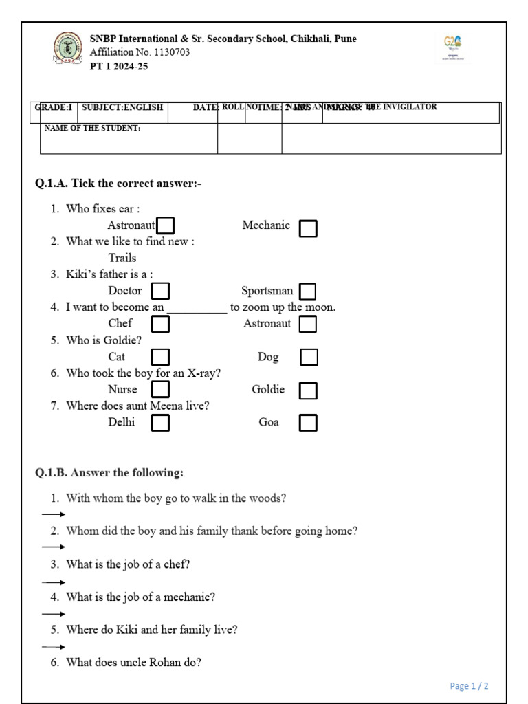 PT-1 (Grade 1) English Question Paper 2024-25 | PDF