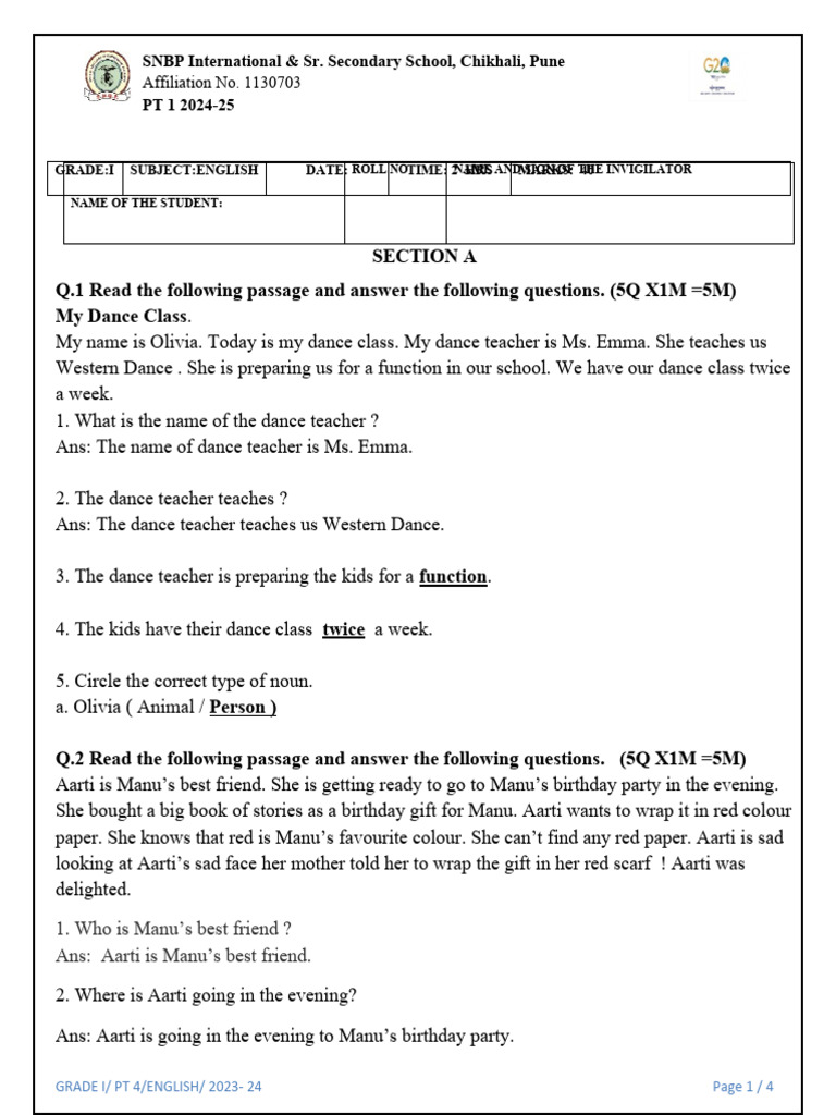 PT-1 (Grade 1) English Question Paper With Answers 2024-25 | PDF ...