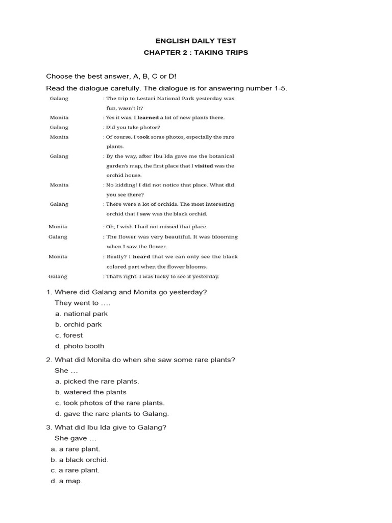 ENGLISH DAILY TEST Taking Trips | PDF | Language Arts & Discipline