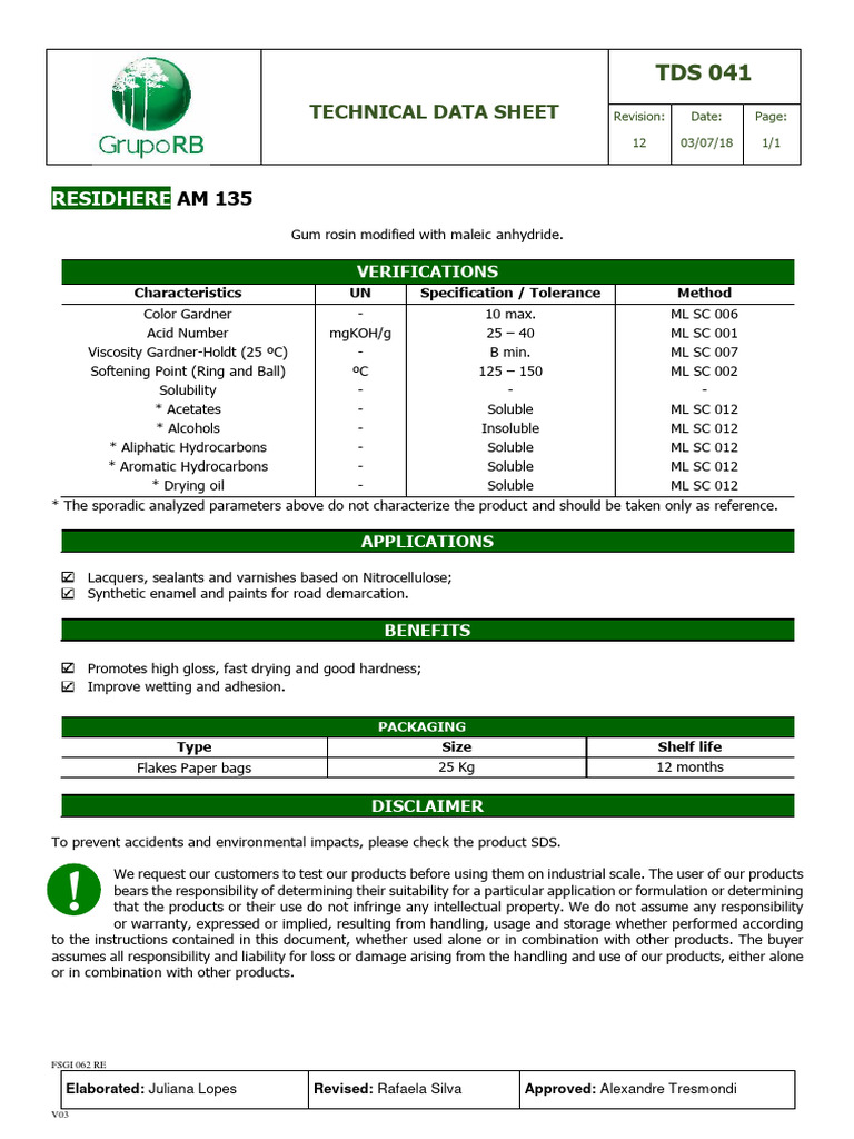 TDS 041 Rev 12 Residhere Am 135 | PDF | Solubility | Varnish