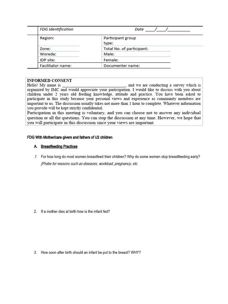 IYCF FGD& KII Tool | PDF | Breastfeeding | Human Development