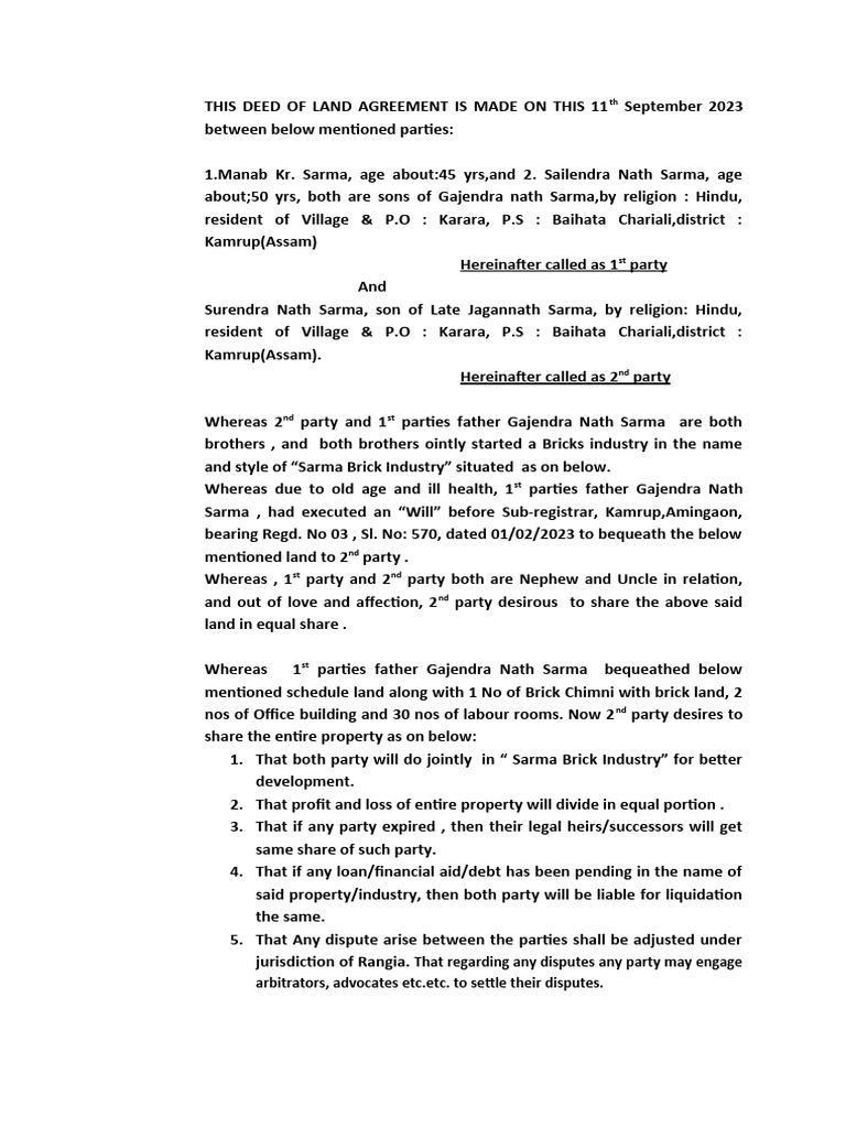 Agreement Surendra Nath Sarma | PDF | Private Law | Business Law