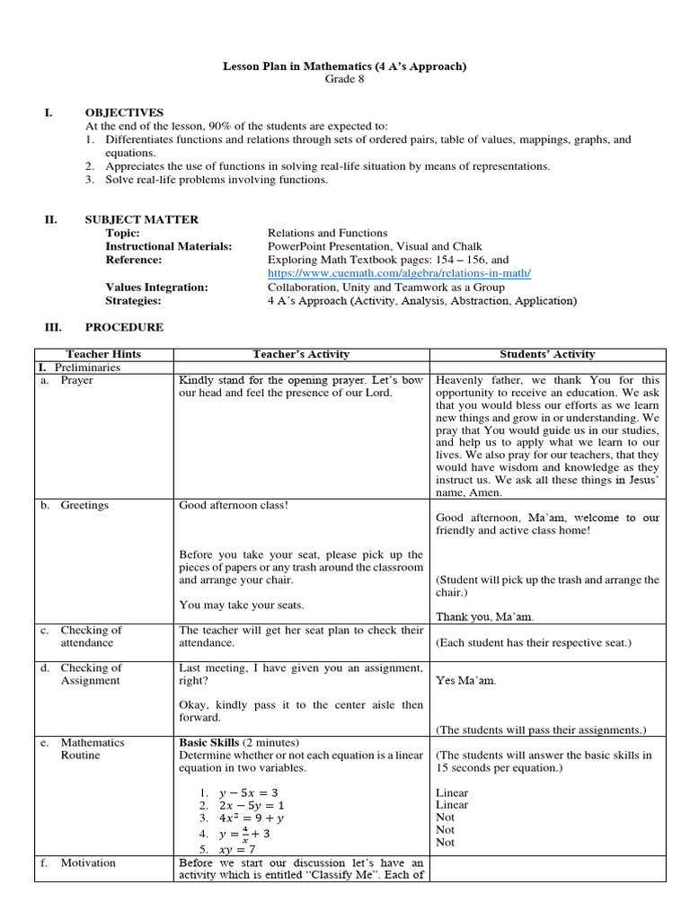 Grade 8 Lesson Plan: Functions & Relations | PDF | Function (Mathematics)