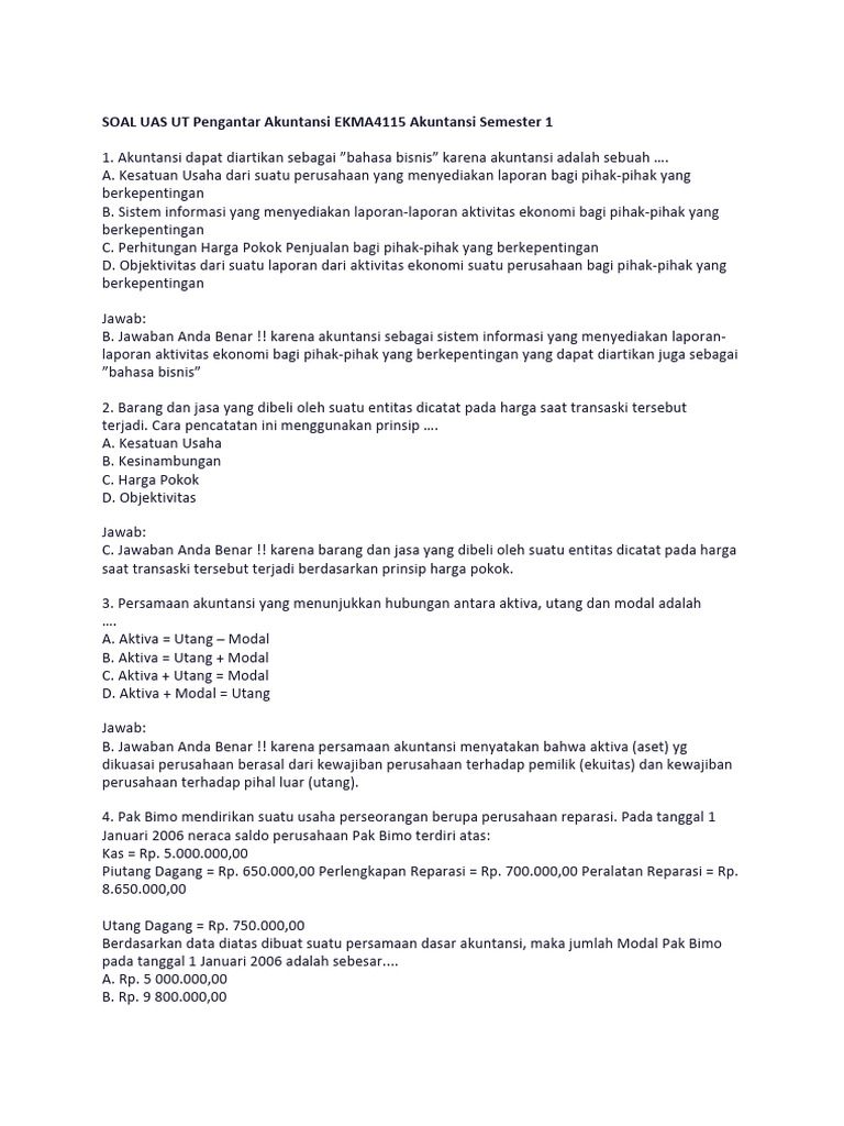KISI KISI P. AKUNTANSI - SOAL UAS UT Pengantar Akuntansi EKMA4115 Akuntansi Semester 1 | PDF