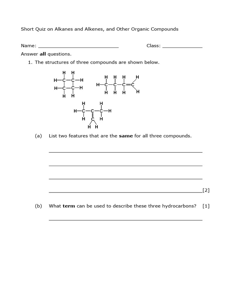 Short Quiz On Alkanes and Alkenes | PDF