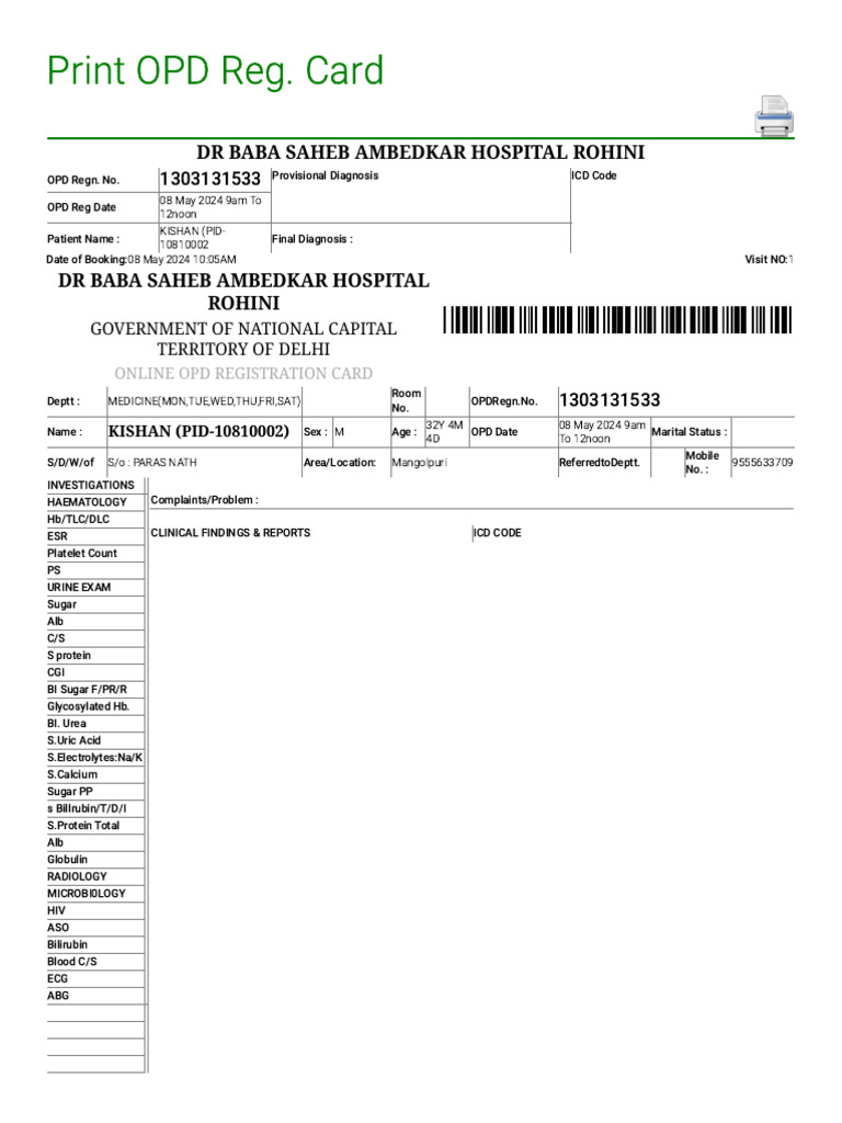 Print OPD Reg. Card: DR Baba Saheb Ambedkar Hospital Rohini | PDF
