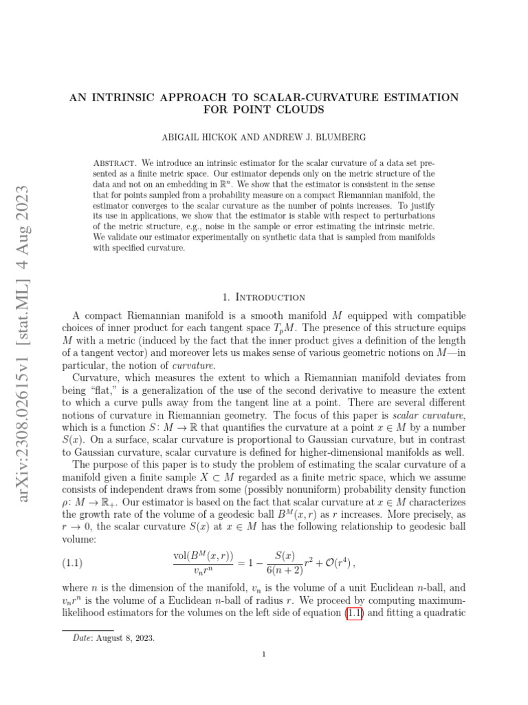 An Intrinsic Approach To Scalar Curvature Estimation For Point Clouds Pdf Curvature Manifold