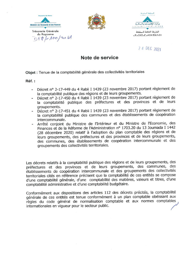 Note de Service Relative À La Tenue de La Comptabilité Générale Des ...