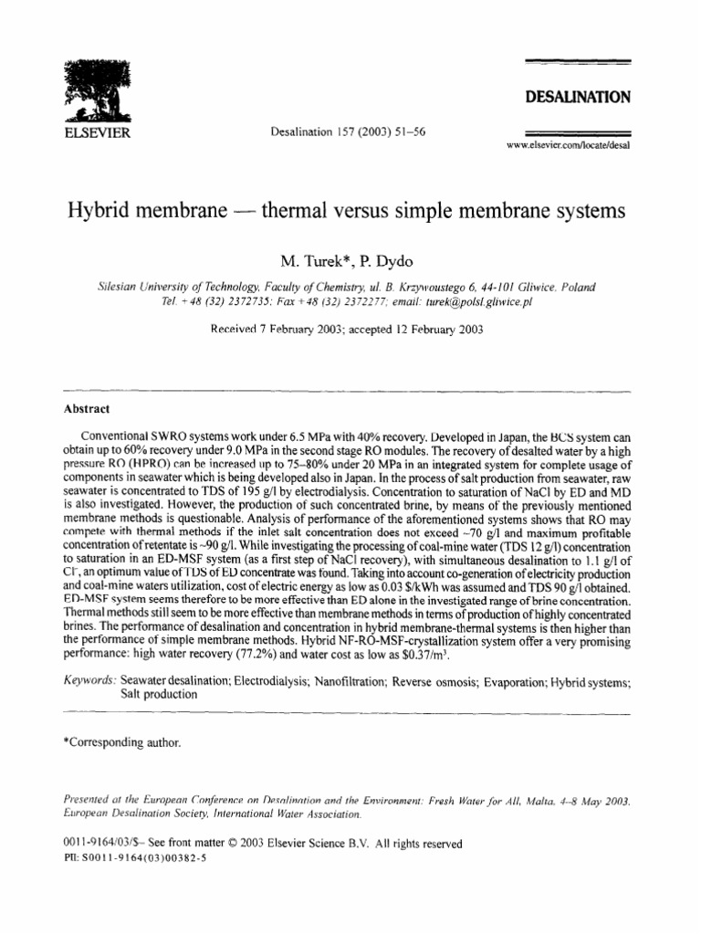Hybrid Membrane-Thermal Desalination Systems | PDF | Membrane ...