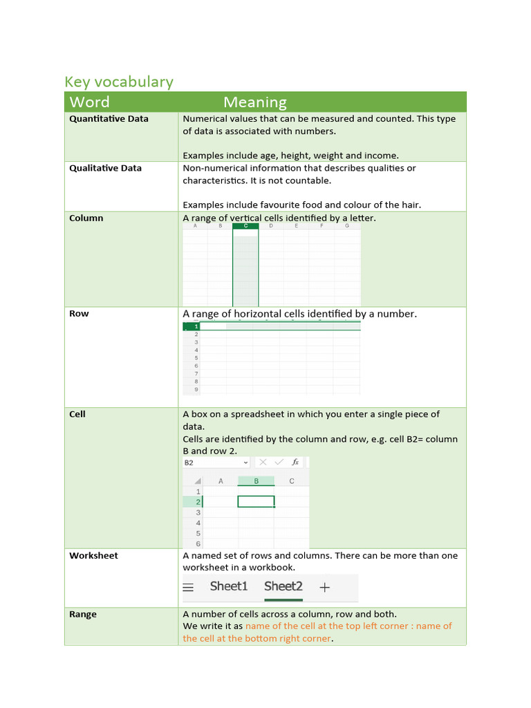 Spreadsheet Data Vocabulary Explained | PDF | Teaching Methods & Materials