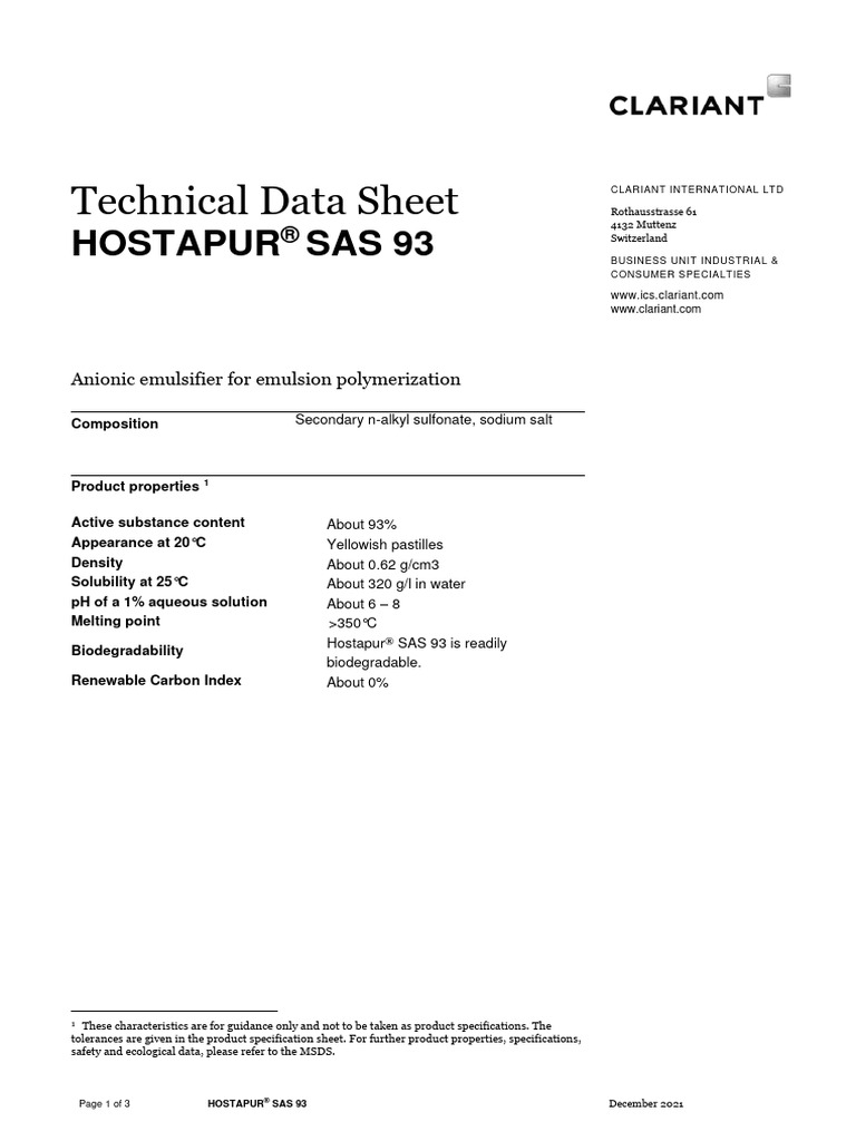2021-12-01 - Hostapur SAS 93 - TDS | PDF | Emulsion | Materials