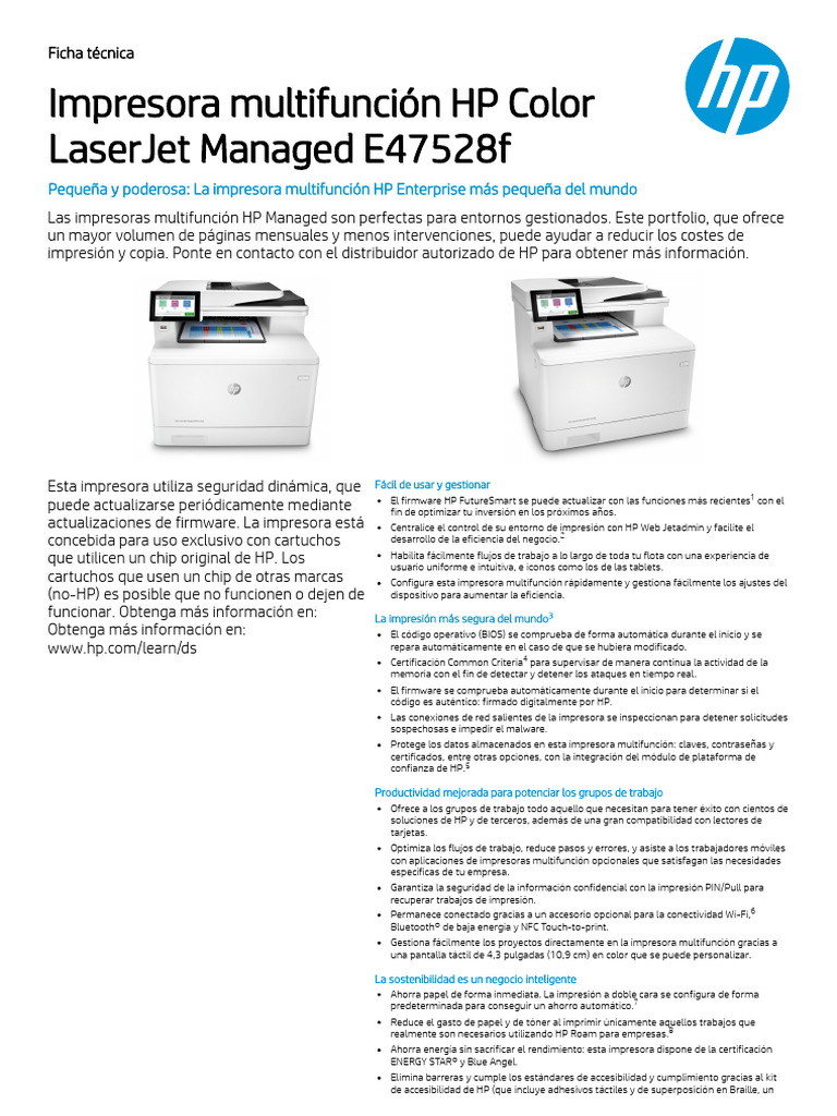 Catalogo HP MFP A4 Color E47528f | PDF | Escáner de imagen | Impresora ...