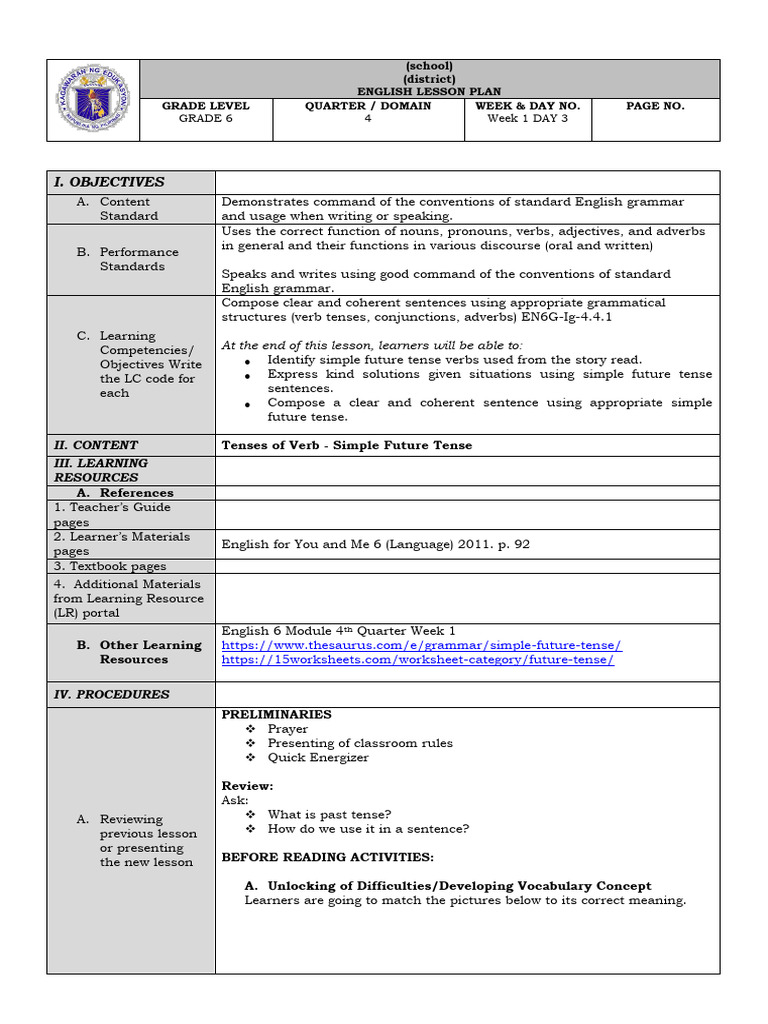 Grade 6 English Lesson: Simple Future Tense | PDF | English Language ...