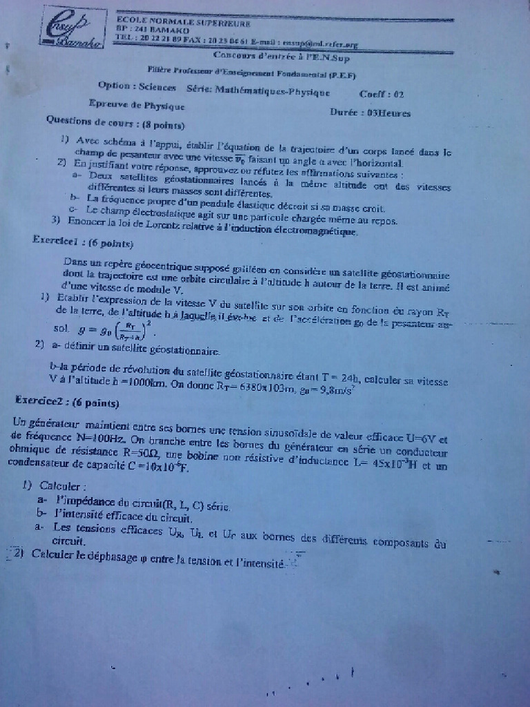 Sujets de Physique-Chimie ENSup | PDF