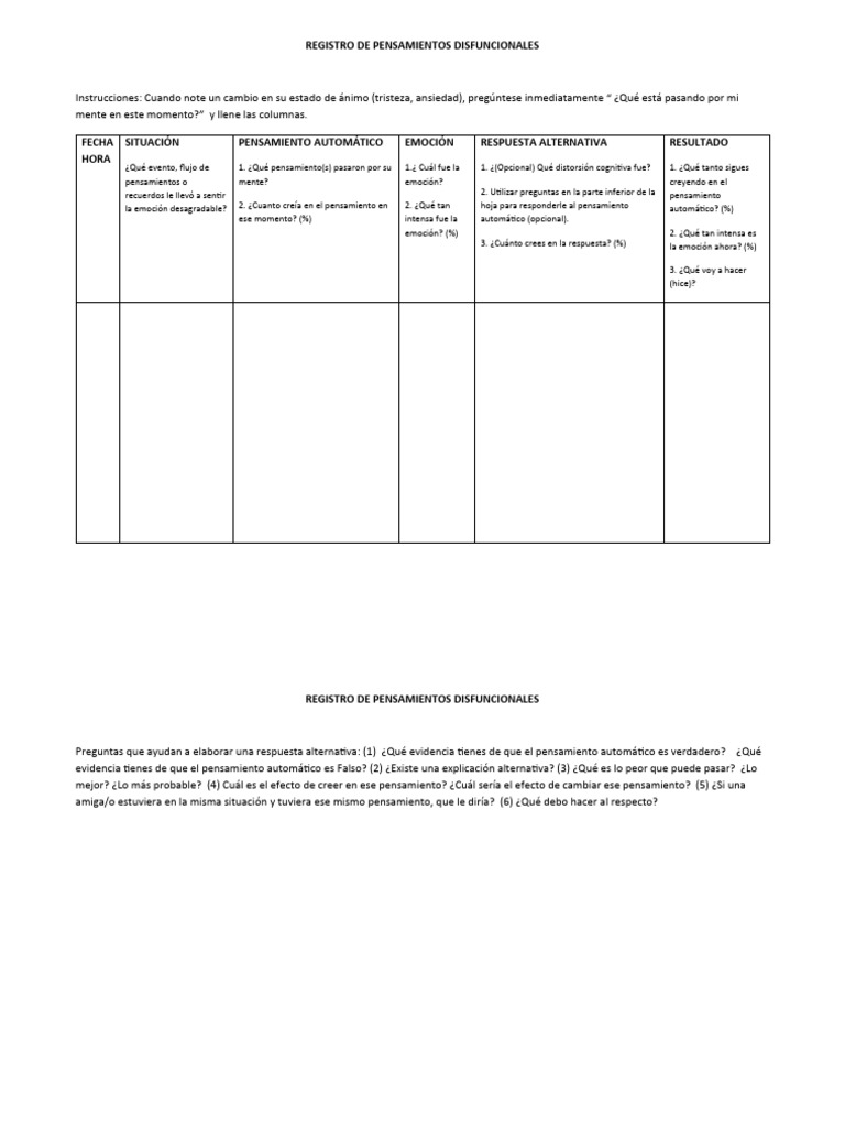 Formato Registro De Pensamientos Automáticos Pdf Pensamiento Las